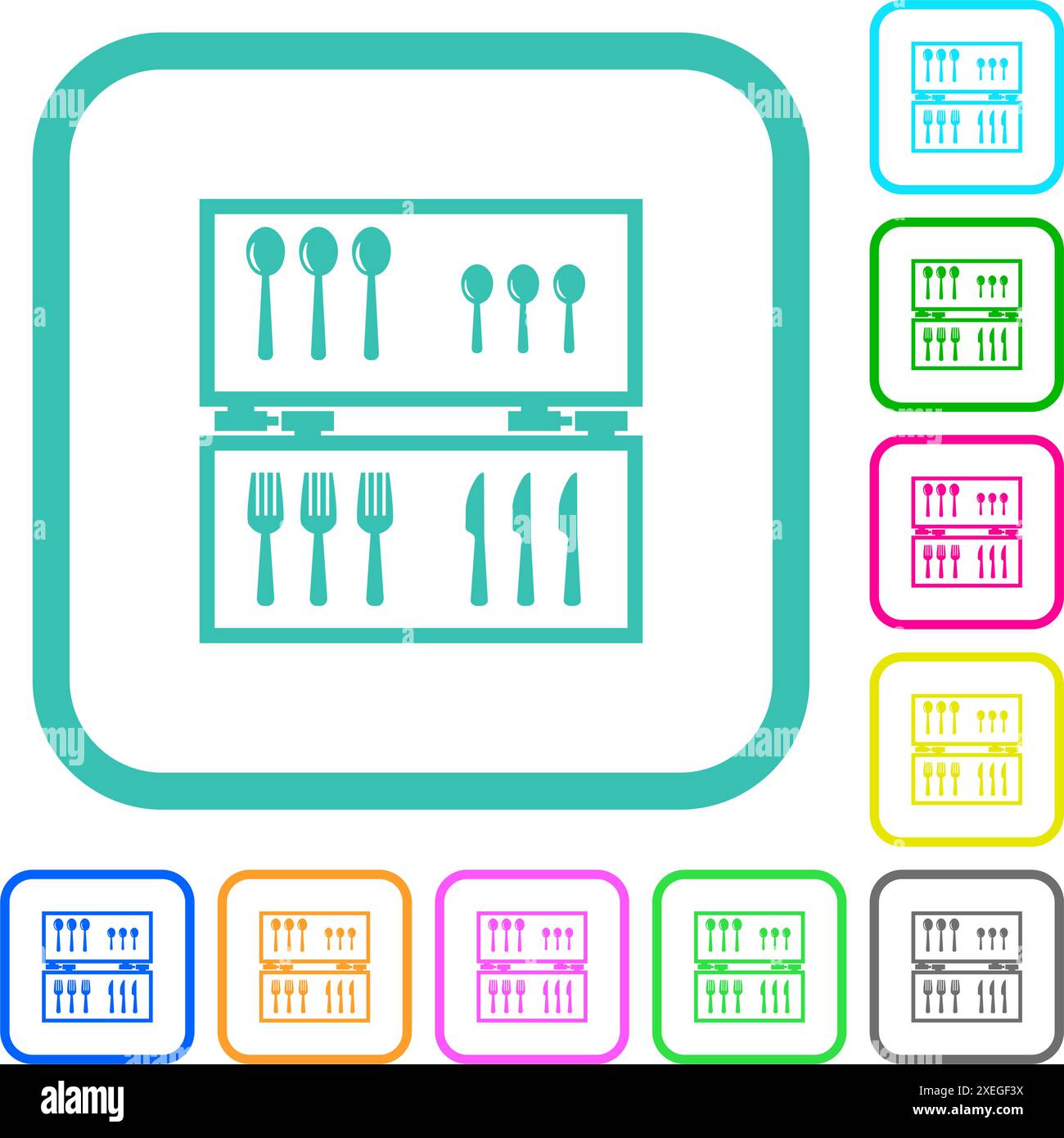 Flatware box vivid colored flat icons in curved borders on white ...