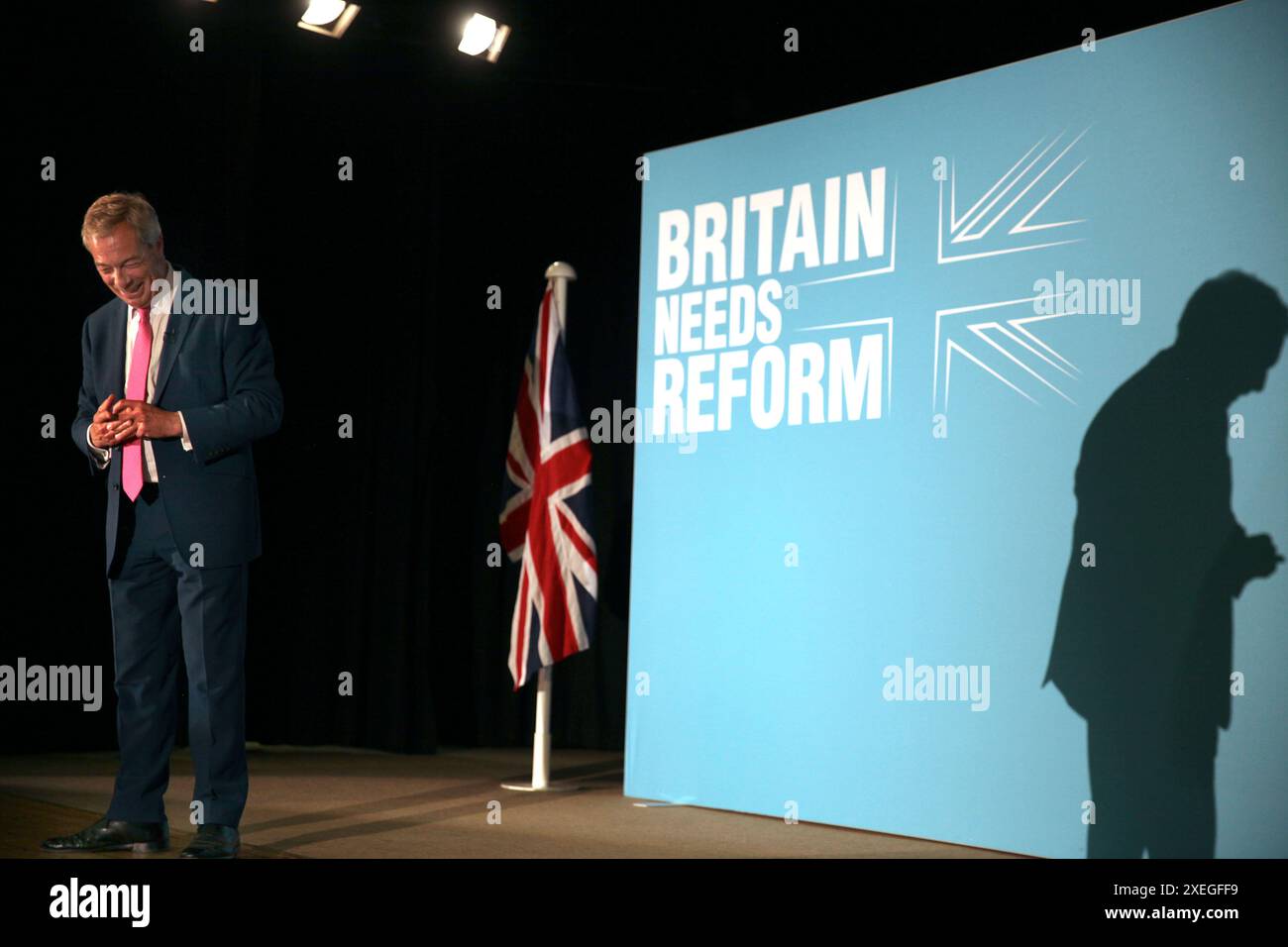 Boston, England, UK. 27th June, 2024. Party Leader NIGEL FARAGE stands ...