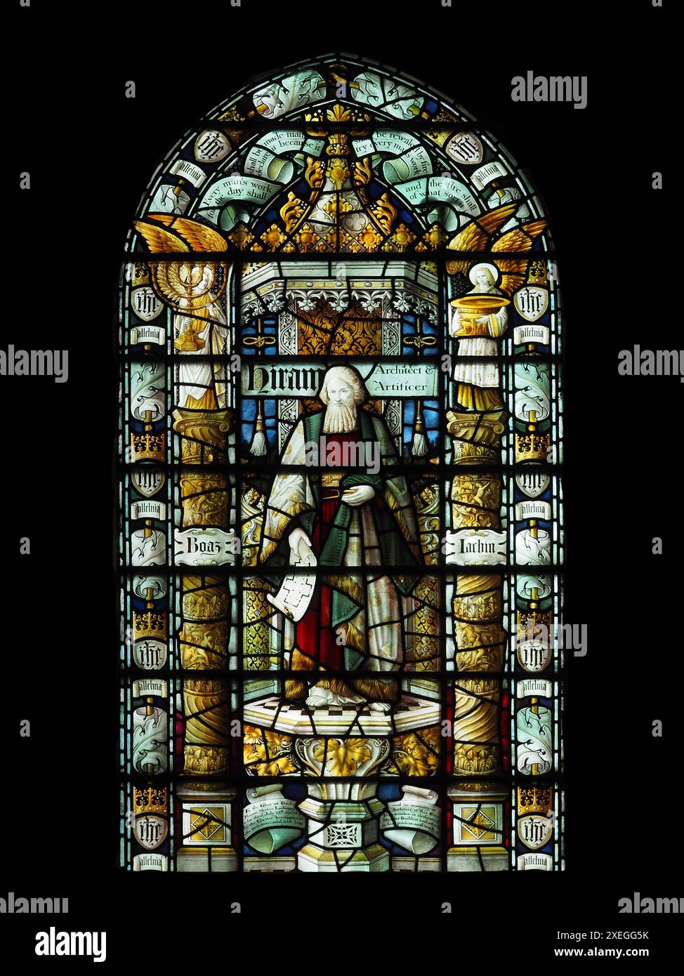 Stained glass window showing the Bible story of Hiram the architect and ...