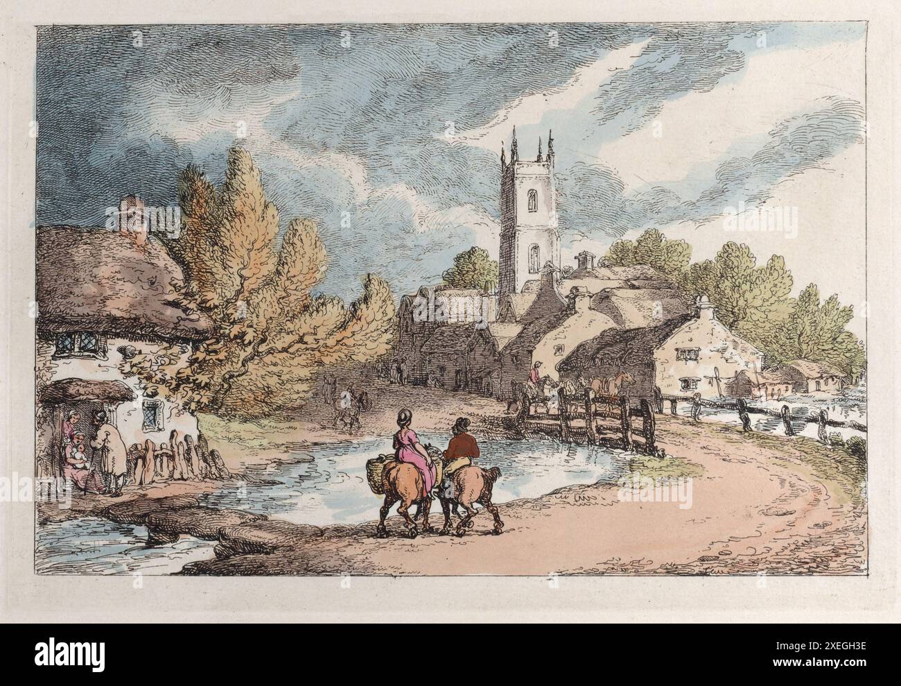 A print coloured engraving of near Helston from views of Cornwall by ...