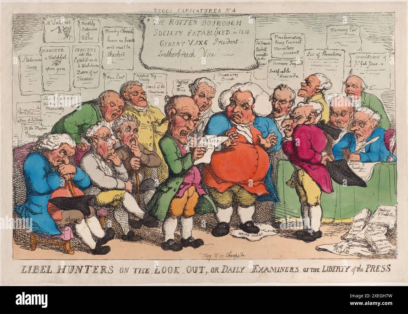 A humorous print coloured engraving of Libel hunters on the lookout or ...