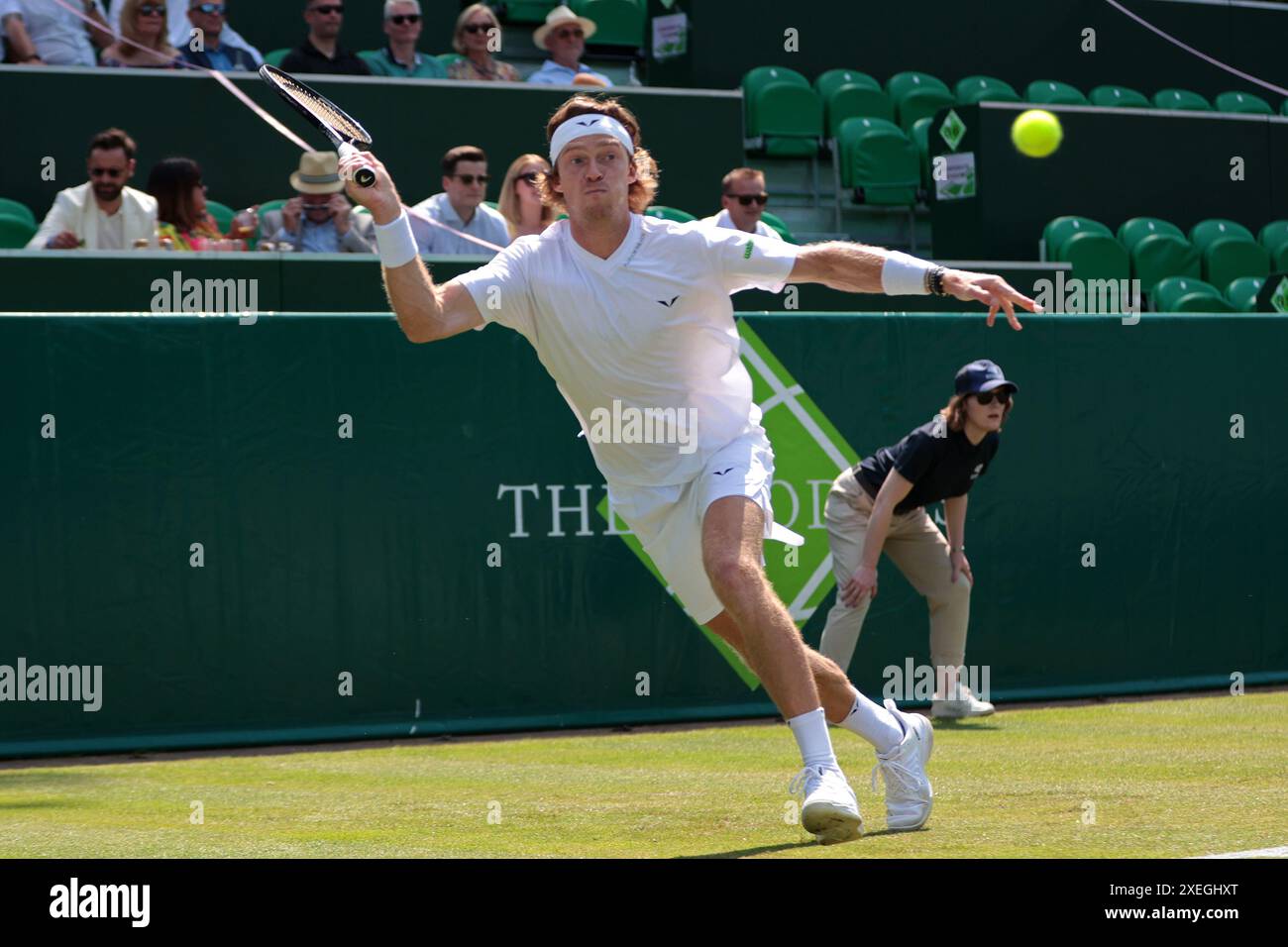 Andrey Rublev on the forehand against Dusan Lajovic during the Boodles ...