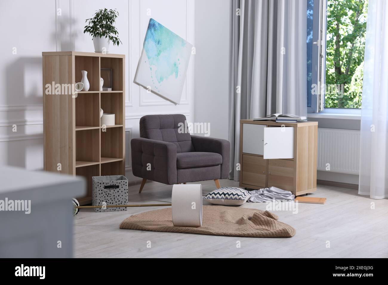 View on messy room interior after robbery Stock Photo - Alamy