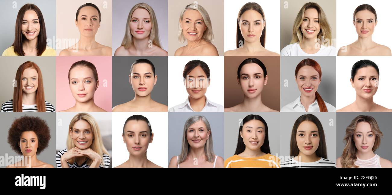 Many beautiful women of different races and ages. Collage of portraits ...