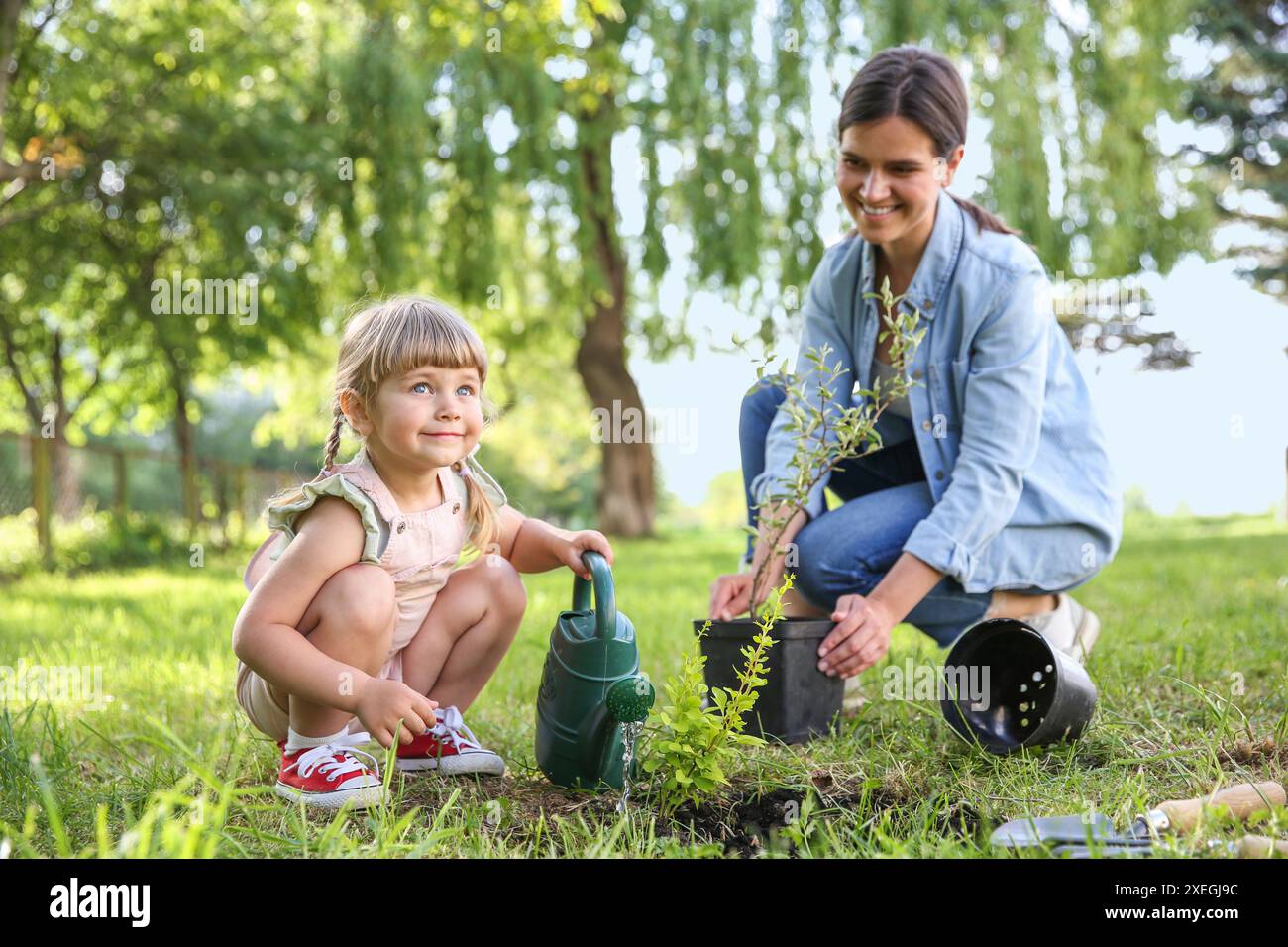 Mother and her daughter planting tree together in garden Stock Photo ...