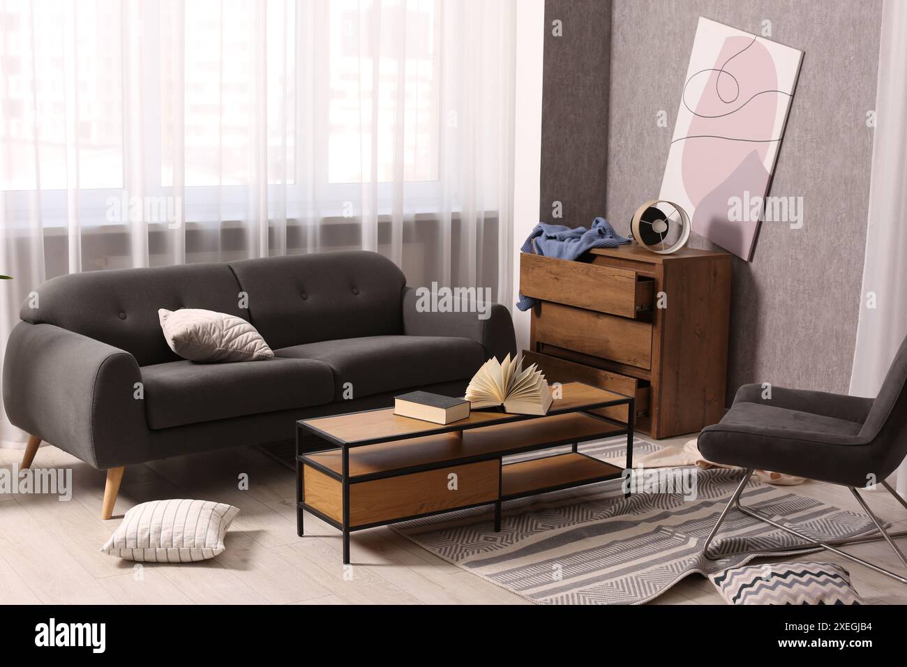 View on messy room interior after robbery Stock Photo - Alamy