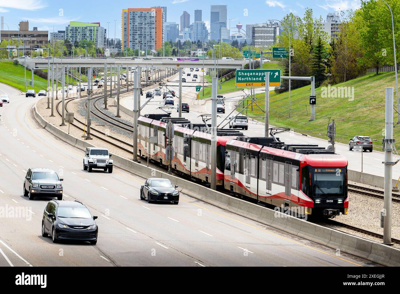 Calgary Alberta Canada, June 05 2024: Public transit on rails travels ...