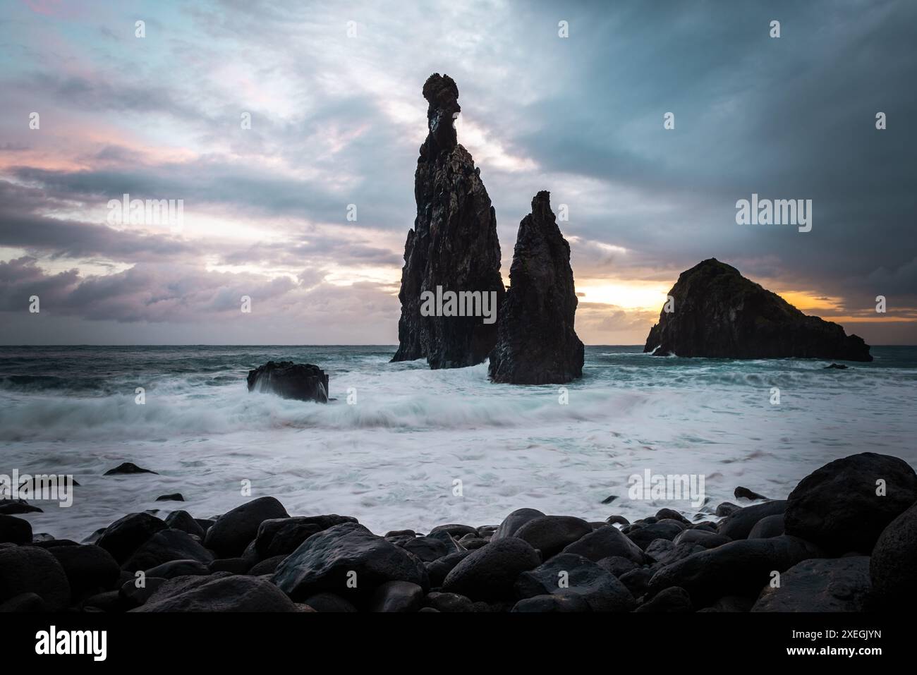 Ribeira da Janela. Volcanic rock formations standing the Atlantic Ocean ...