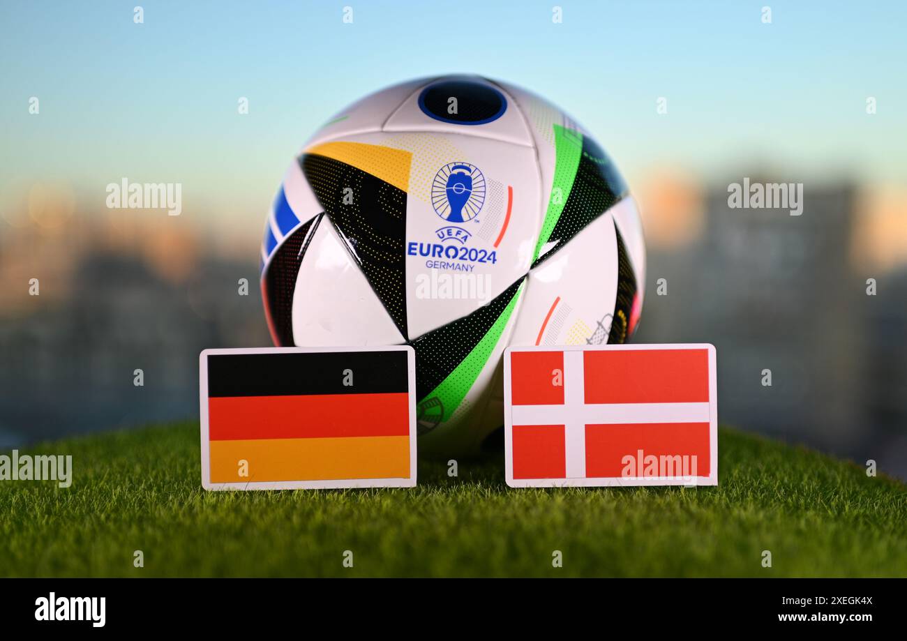 June 27, 2024, Berlin, Germany. Flags of Germany and Denmark ...