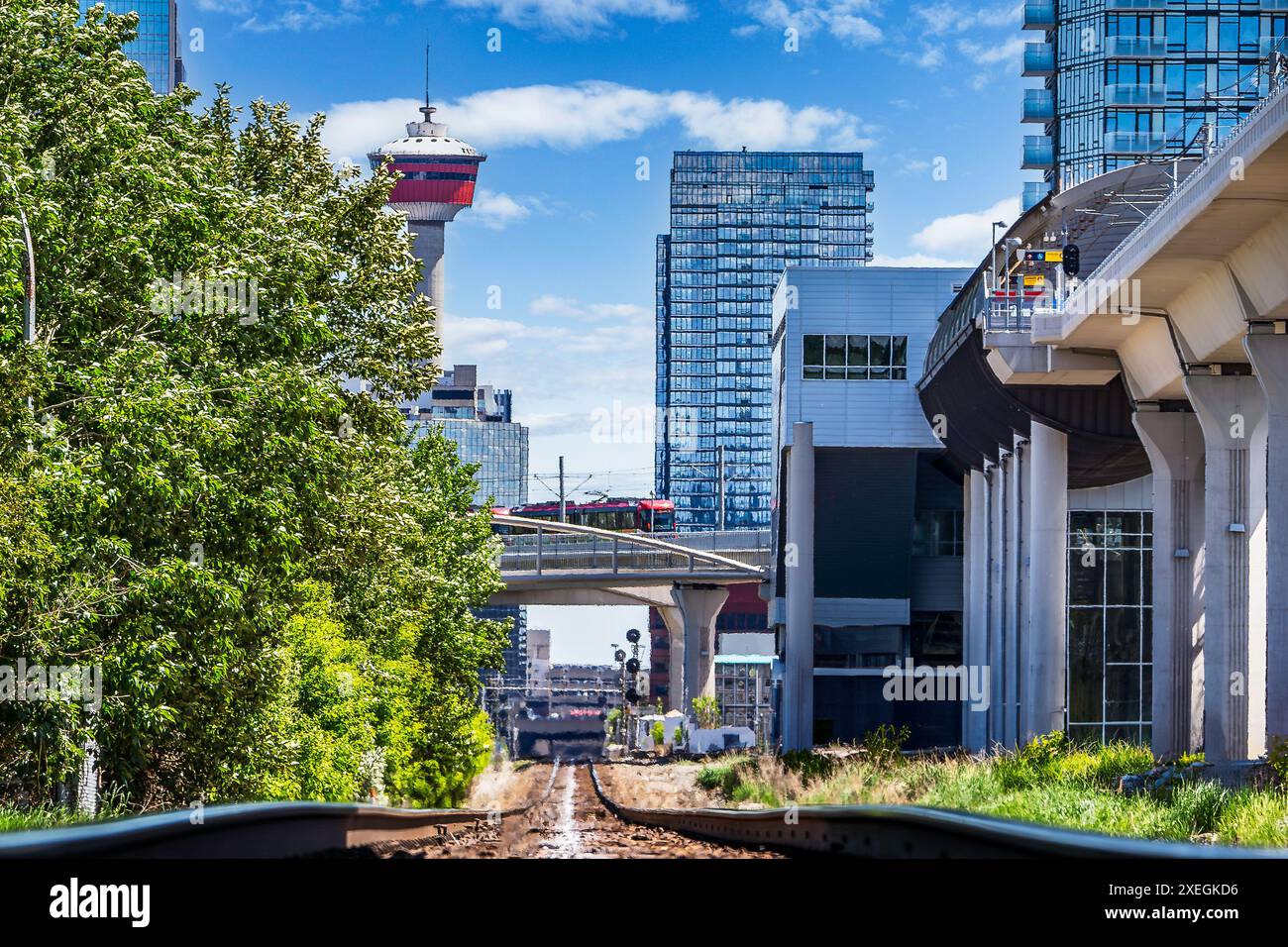 Low rail view of Canadian Pacific tracks entering downtown next to ...