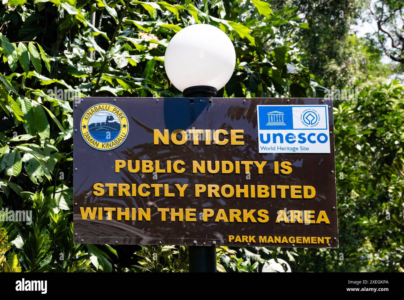 Sign warning against public nudity at Poring Hot Spring. Sabah, Borneo ...