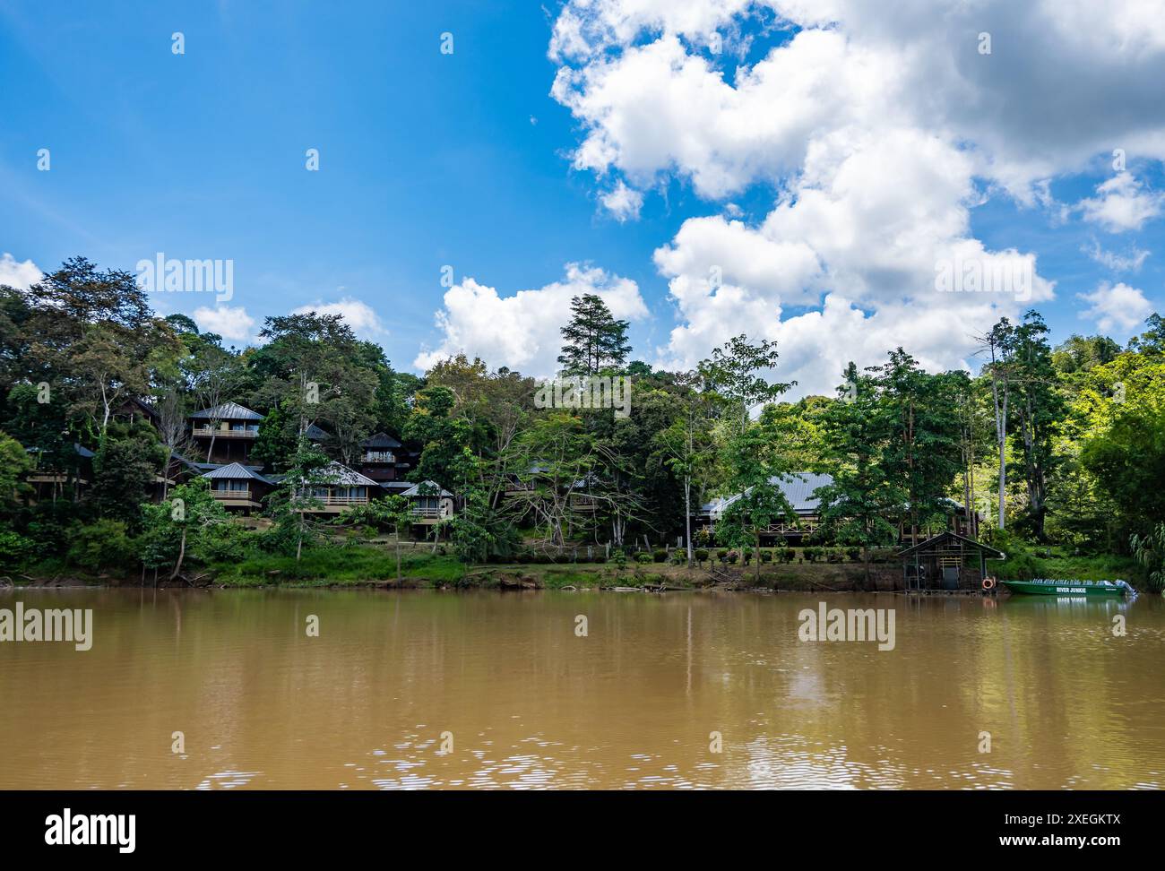Eco-lodge on the bank of Kinabatangan River. Sabah, Borneo, Malaysia ...