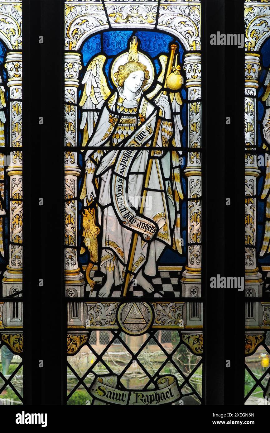 Stained glass window of Saint Raphael the archangel in the cloisters of ...
