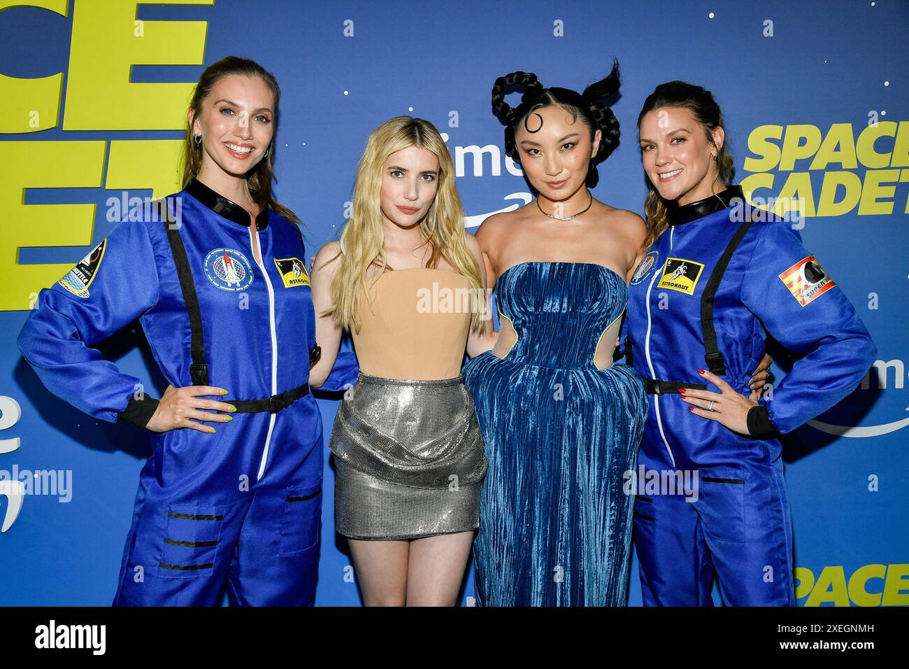 Emma Roberts and Poppy Liu pose with space cadet models at the Amazon ...