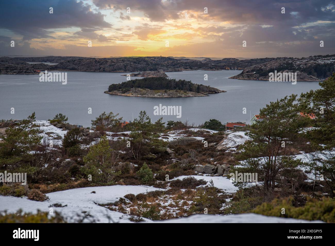 Typical Scandinavian village, coastal strip in a bay fishing village in ...