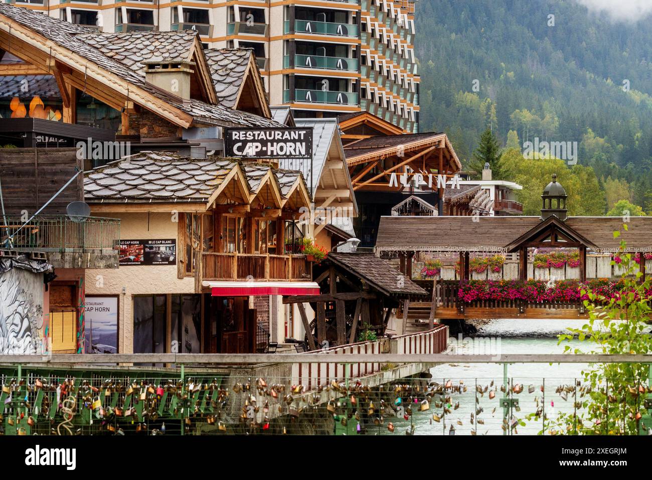 Street and wooden bridge in Chamonix town, France Stock Photo - Alamy