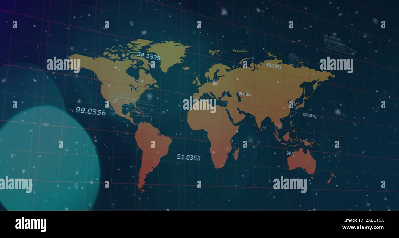 Image of white particles and light spots over world map and data processing on black background ...