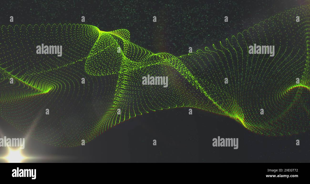 Image of green dynamic wave of dots and lens flare moving against black ...