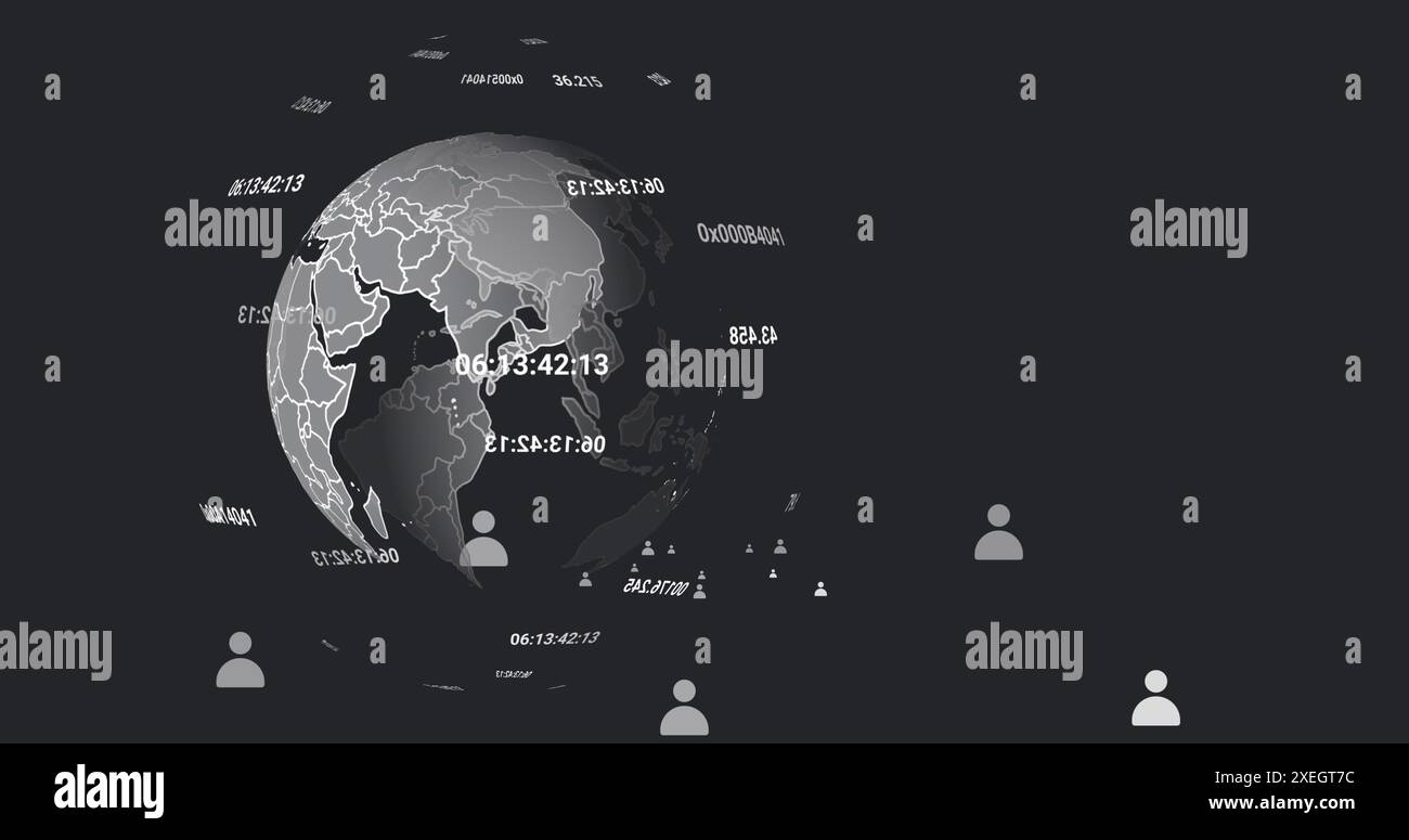 Image of profile icons moving and changing numbers around globe rotating over black background ...