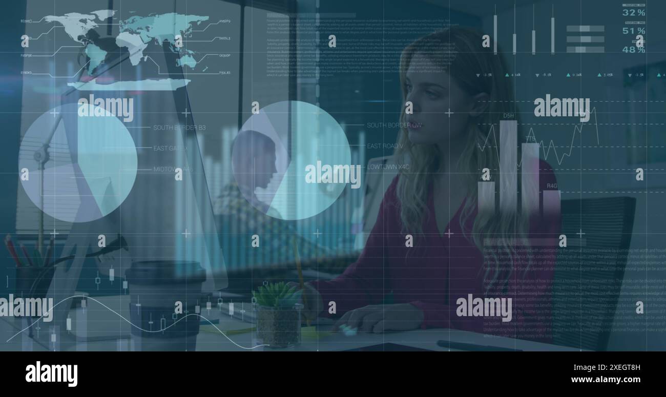 Image Of Statistical Data Processing Against Caucasian Woman Using Computer At Office Stock