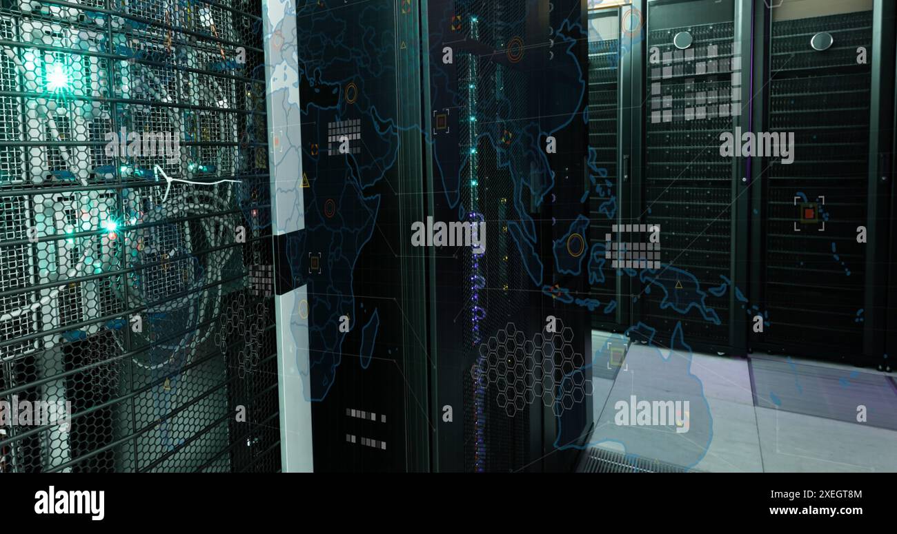 Image of data processing and world map over server room Stock Photo - Alamy