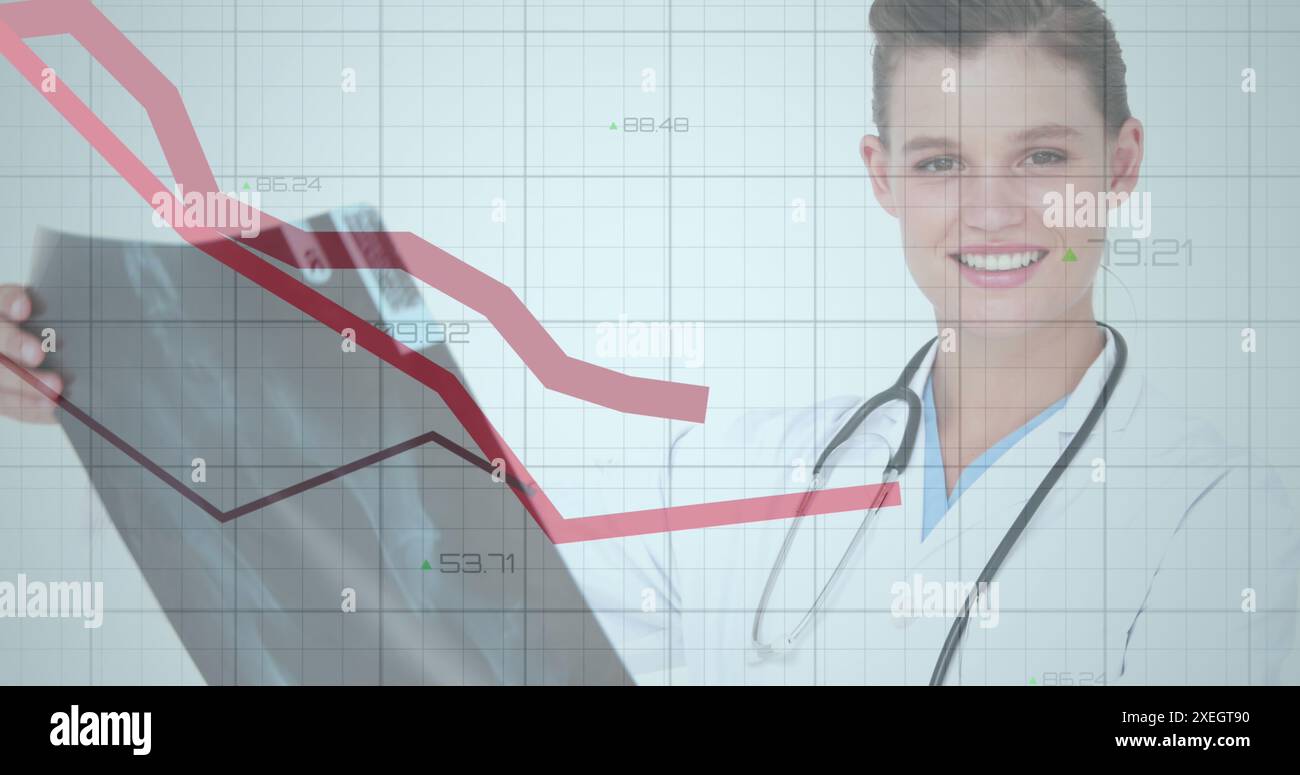 Image Of Statistical Data Processing Over Caucasian Female Doctor Examining X Ray Report Stock