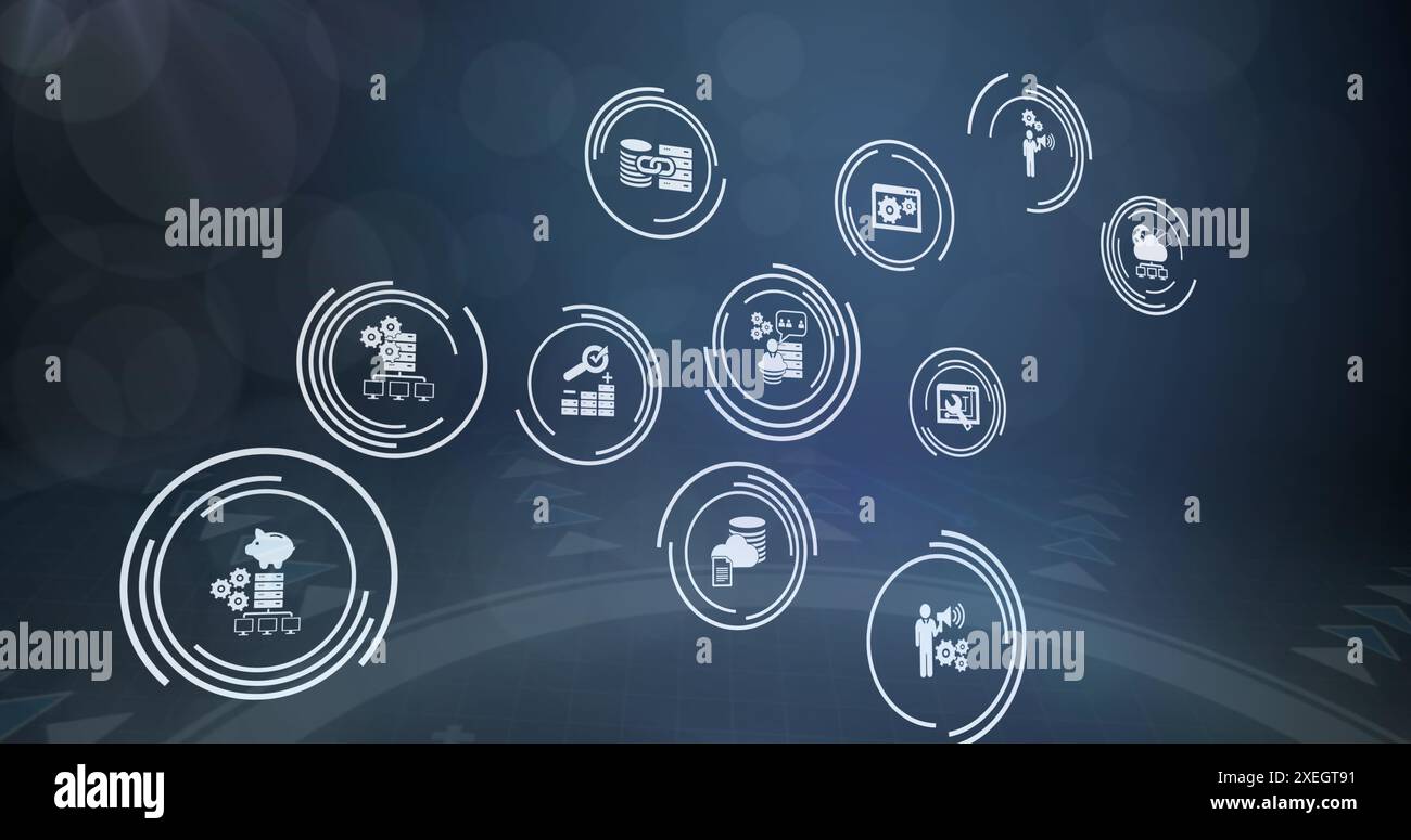 Image of multiple digital icons over round scanner and light spot against blue background Stock ...