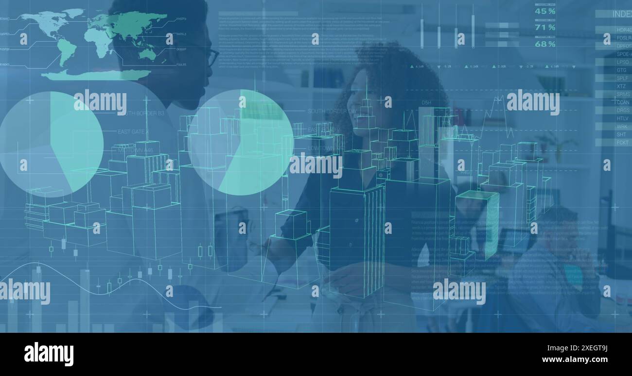 Image of data processing and 3d city model over diverse man and woman ...