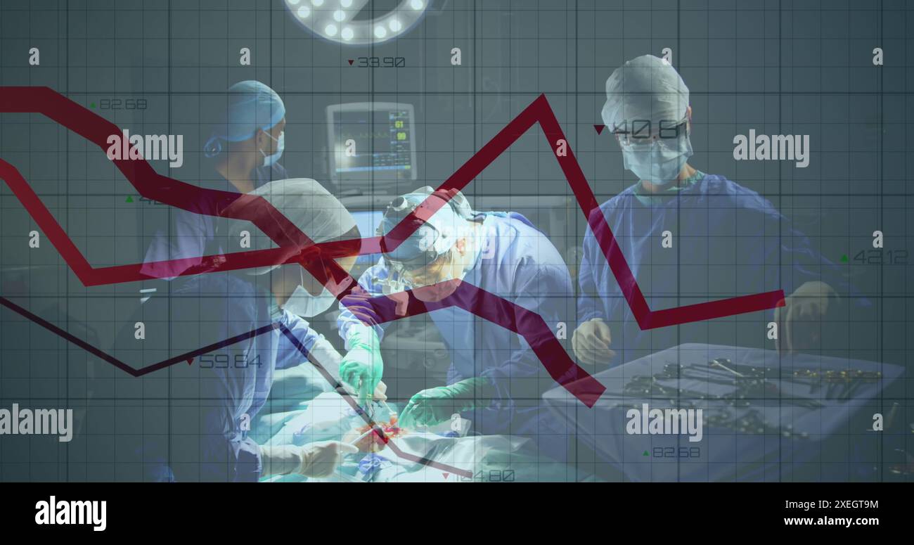 Image of statistical data processing over team of surgeons performing ...