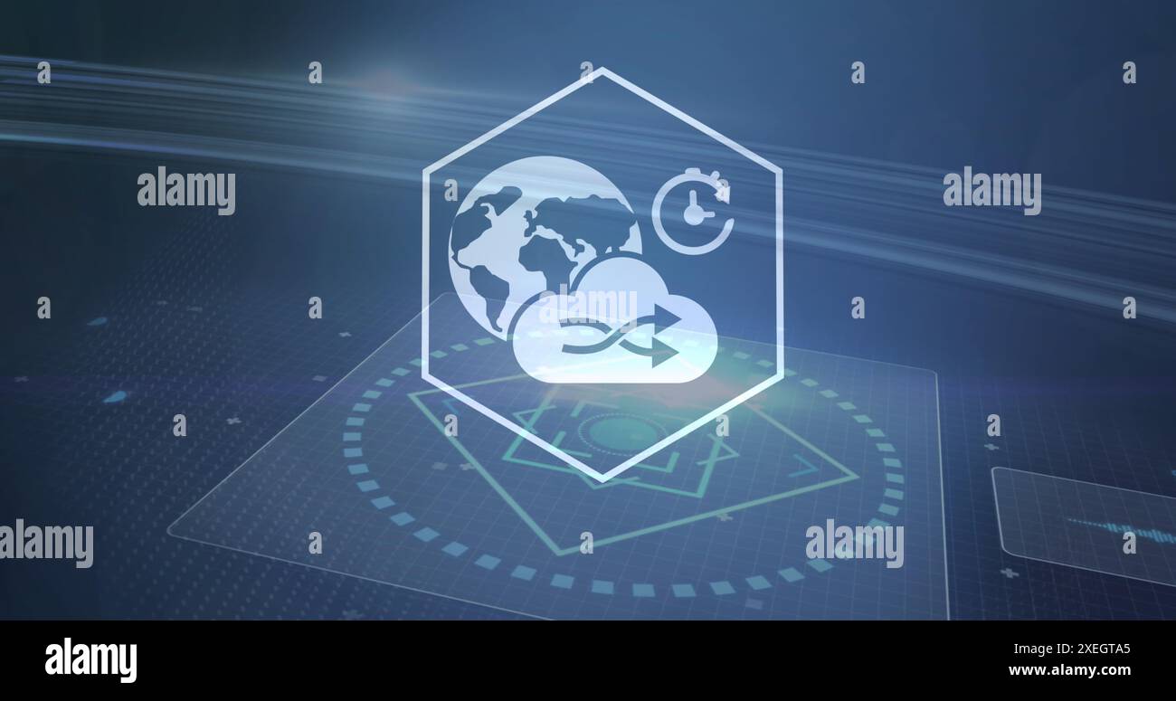 Image of an icon, computer circuit board and data processing Stock Photo - Alamy
