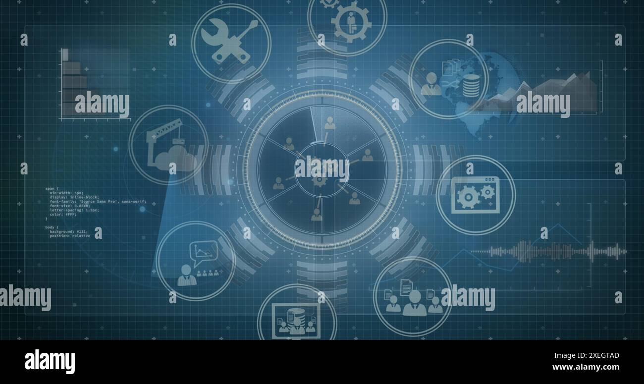 Image of multiple digital icons spinning over interface with data ...