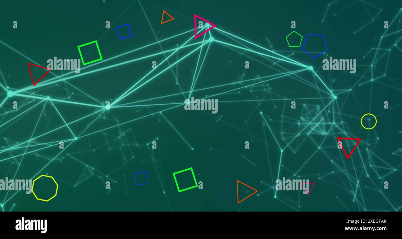 Image of geometric shapes over connected dots forming triangles against blue background Stock ...