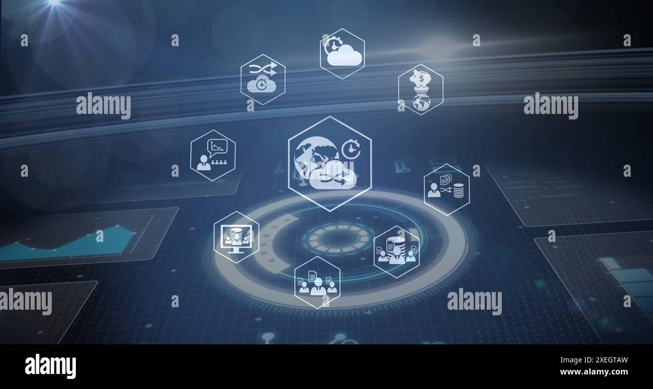 Image of multiple digital icons spinning over interface with data ...