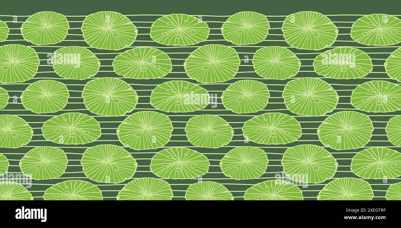 Vector green rows of water lily pads leaves horizontal border pattern ...