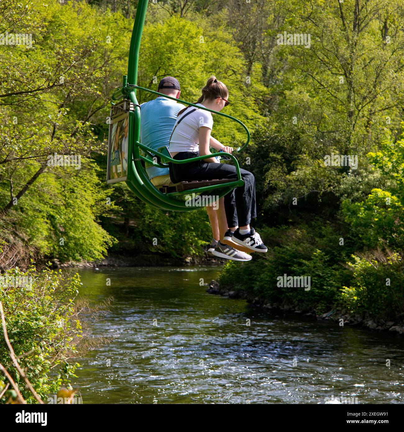 People on the cable car over the Wupper River in Unterburg, Solingen ...