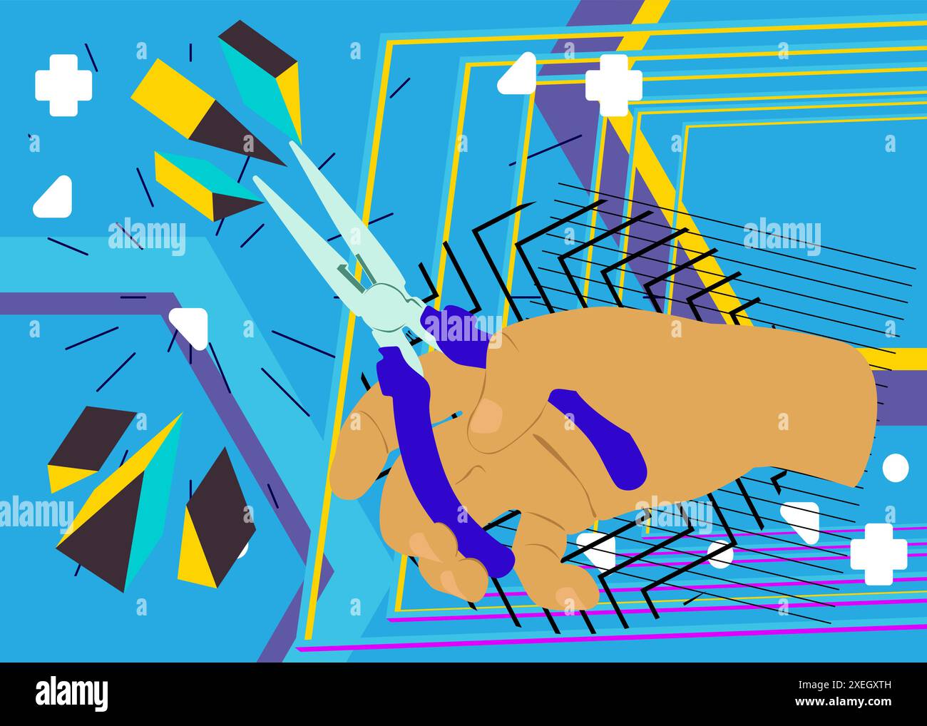 Pliers in hand geometrical graphic retro theme background. Minimal ...