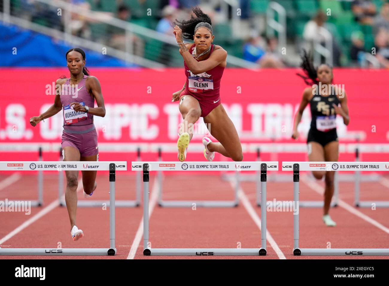 Rachel Glenn wins a heat in the women's 400-meter hurdles during the U ...