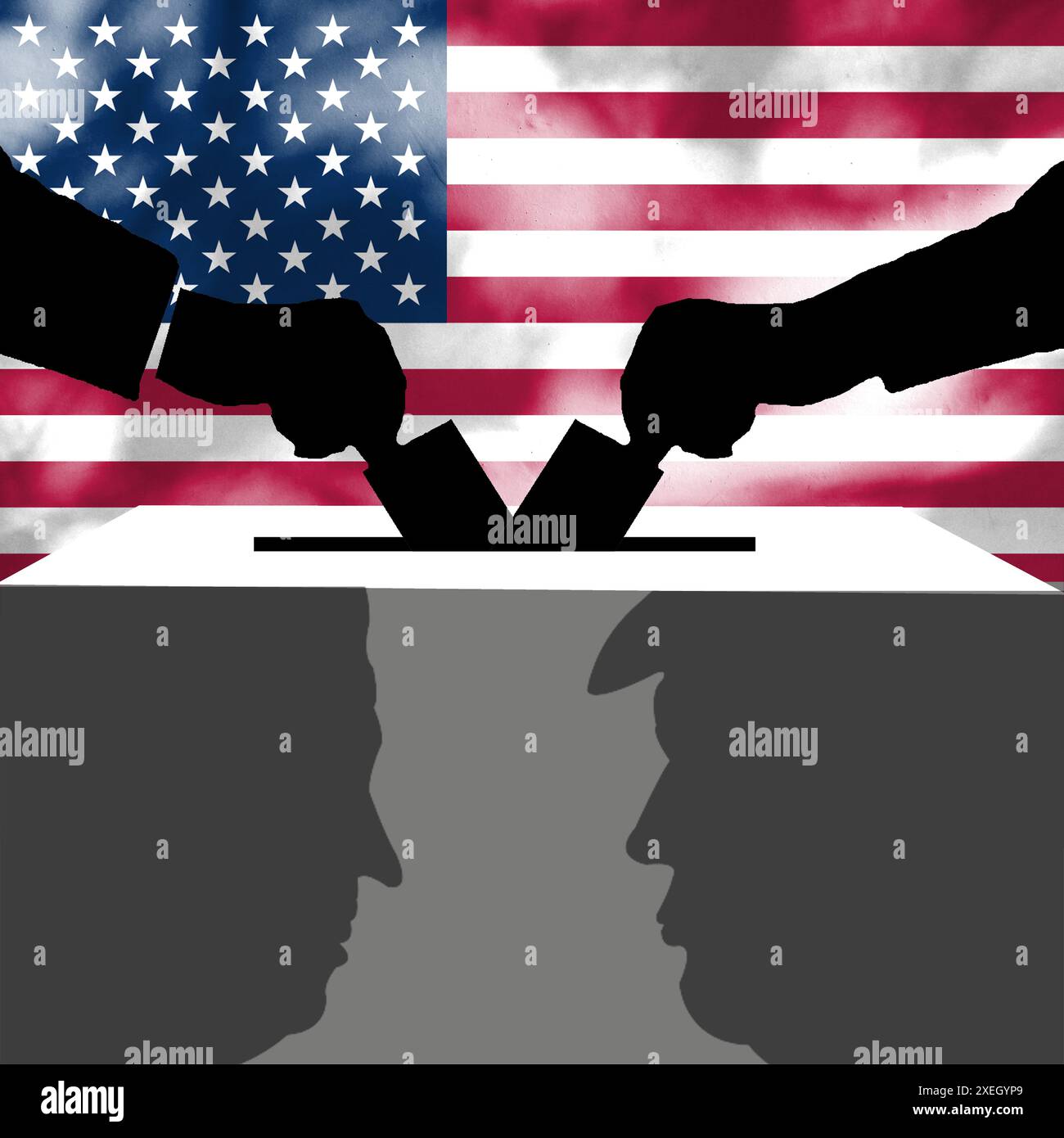 Composition of American flag and election voting silhouette. Describe ...