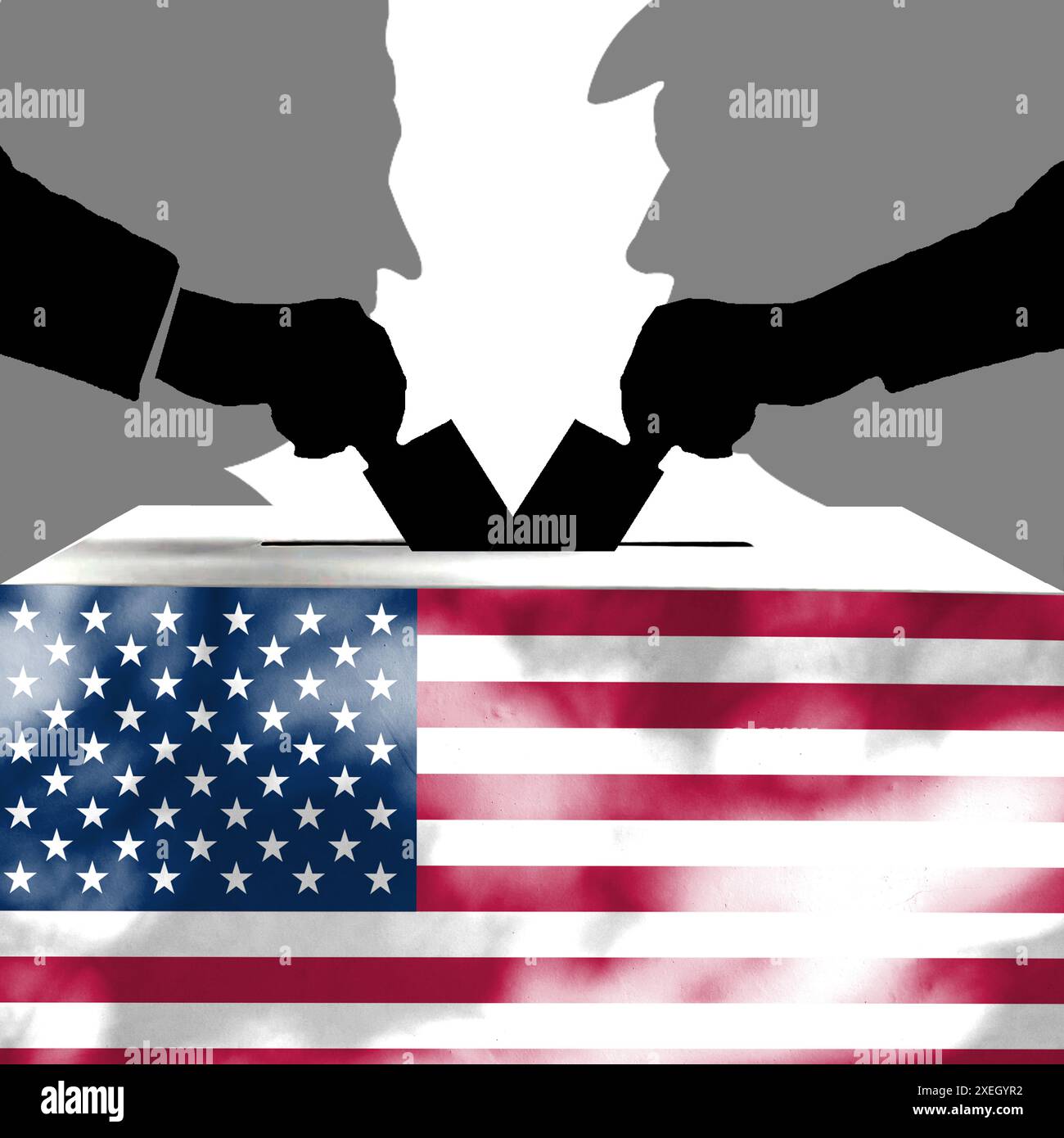 Composition of American flag and election voting silhouette. Describe ...