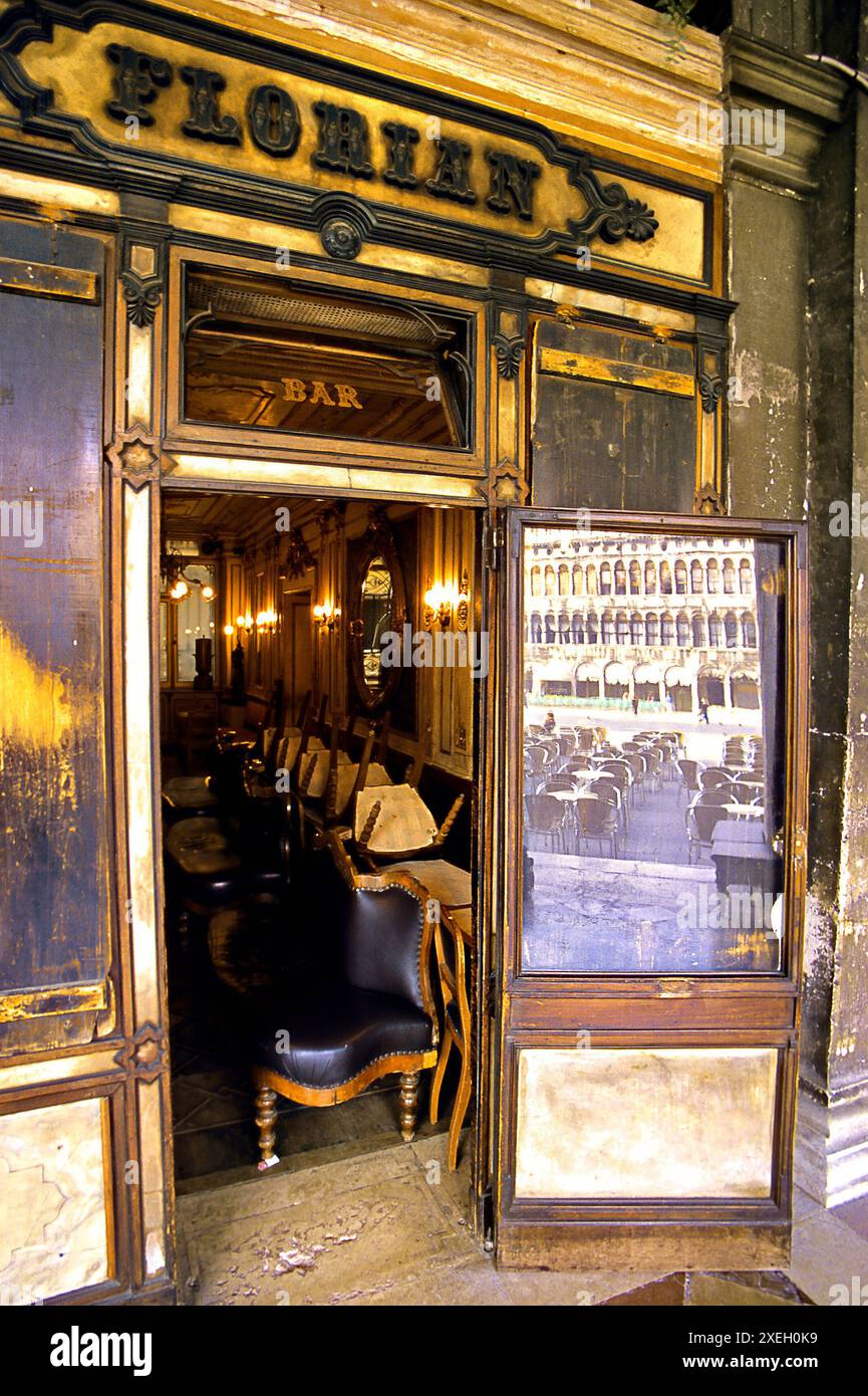 Cafe Florian entrance door with mirror reflection of San Marco, Venice ...