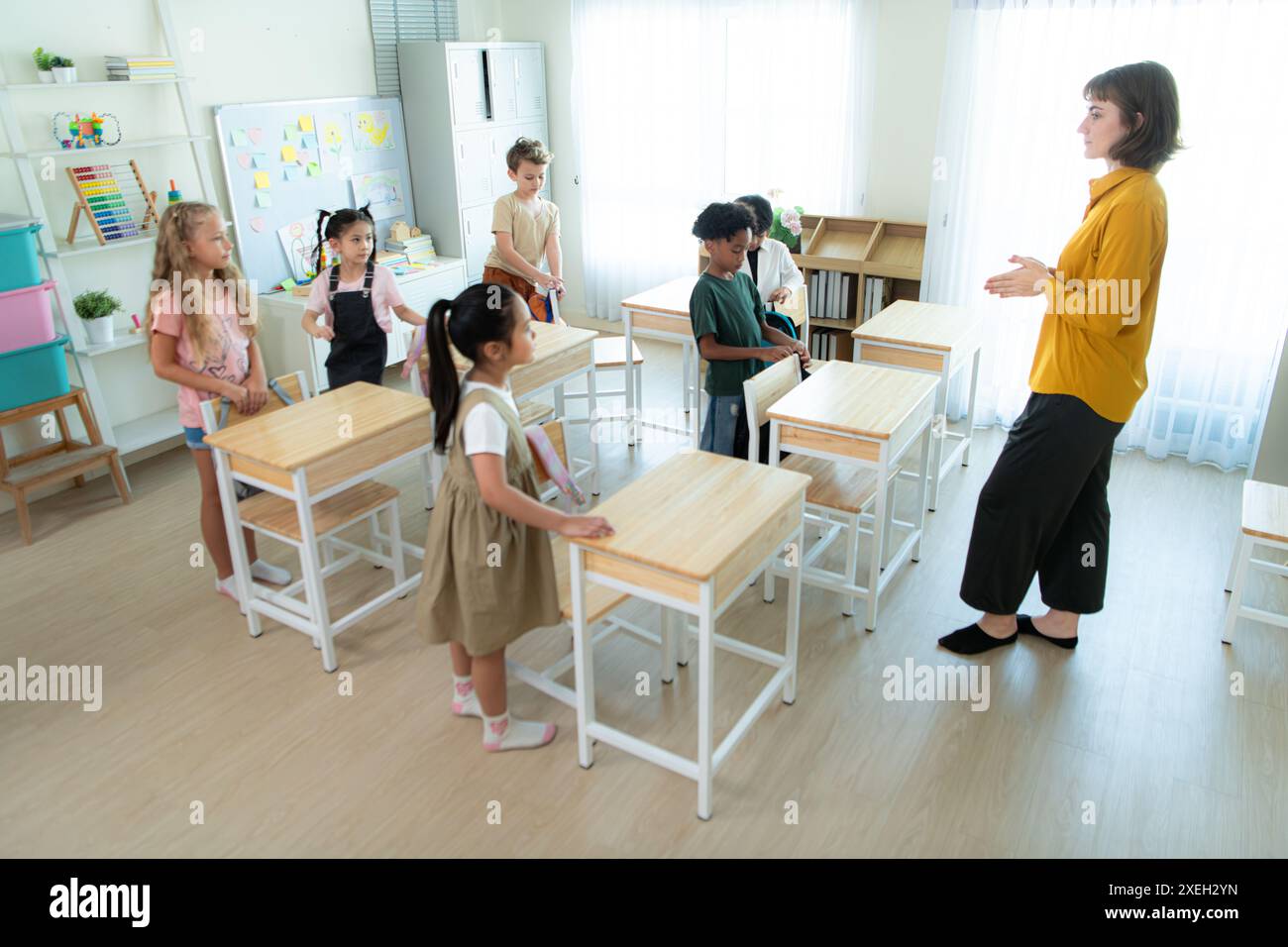Teacher and students, In the morning to begin learning and studying in a classroom of school ...
