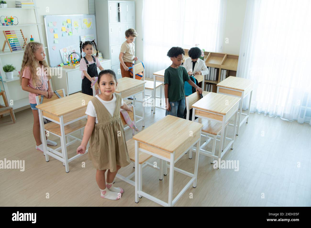 Teacher and students, In the morning to begin learning and studying in ...