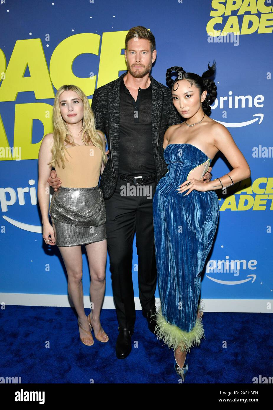 Emma Roberts, left, Tom Hopper and Poppy Liu attend the Amazon MGM ...