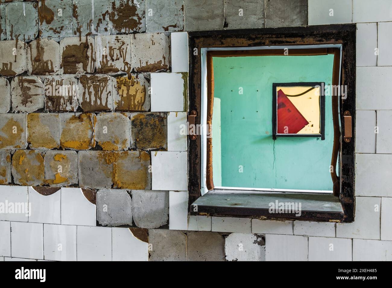 Colorful Window Opening On Grunge Rusty Concrete Wall With Old Broken ...