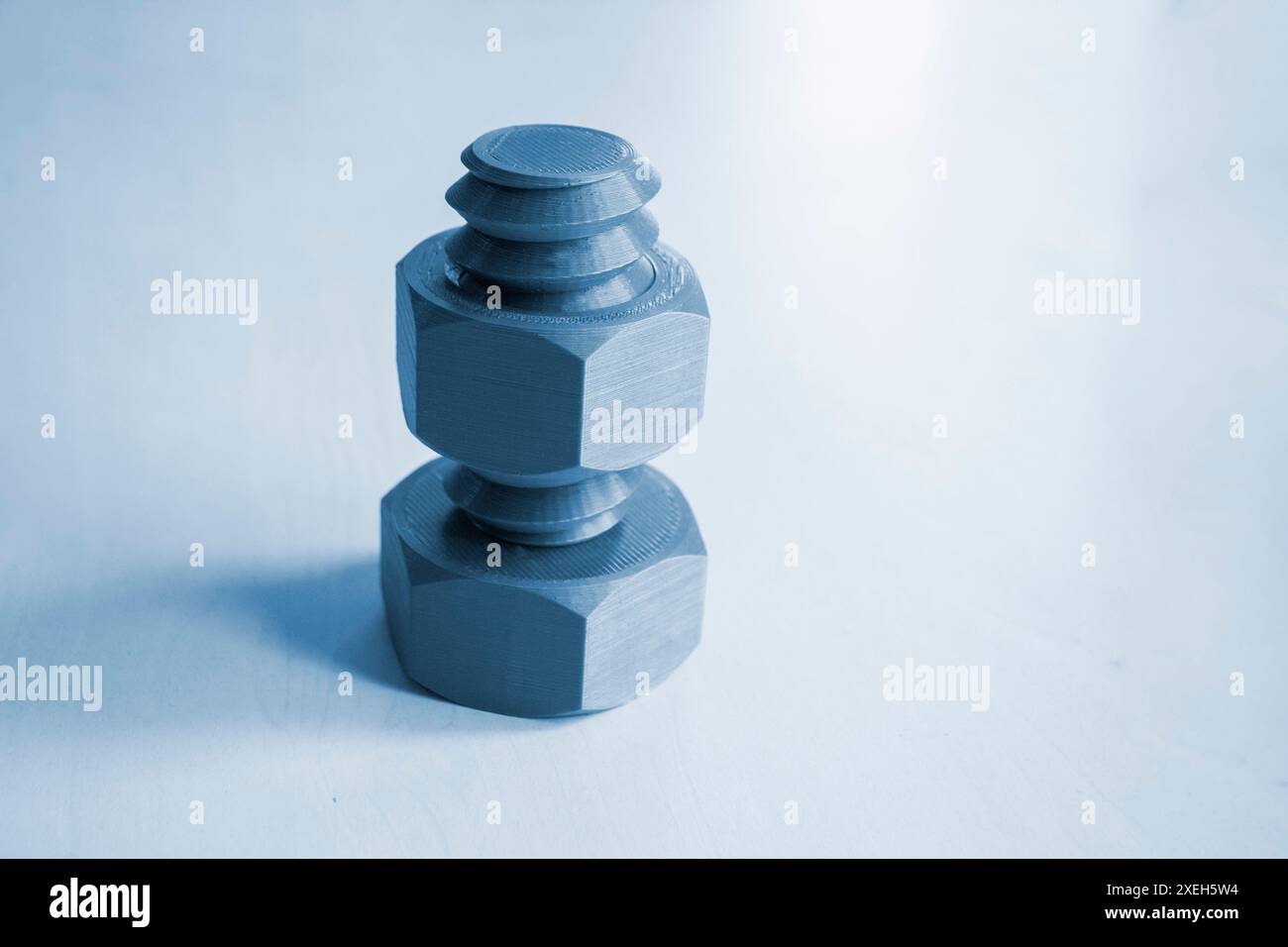 Object in form of washer and bolt of gray color printed on 3D printer ...