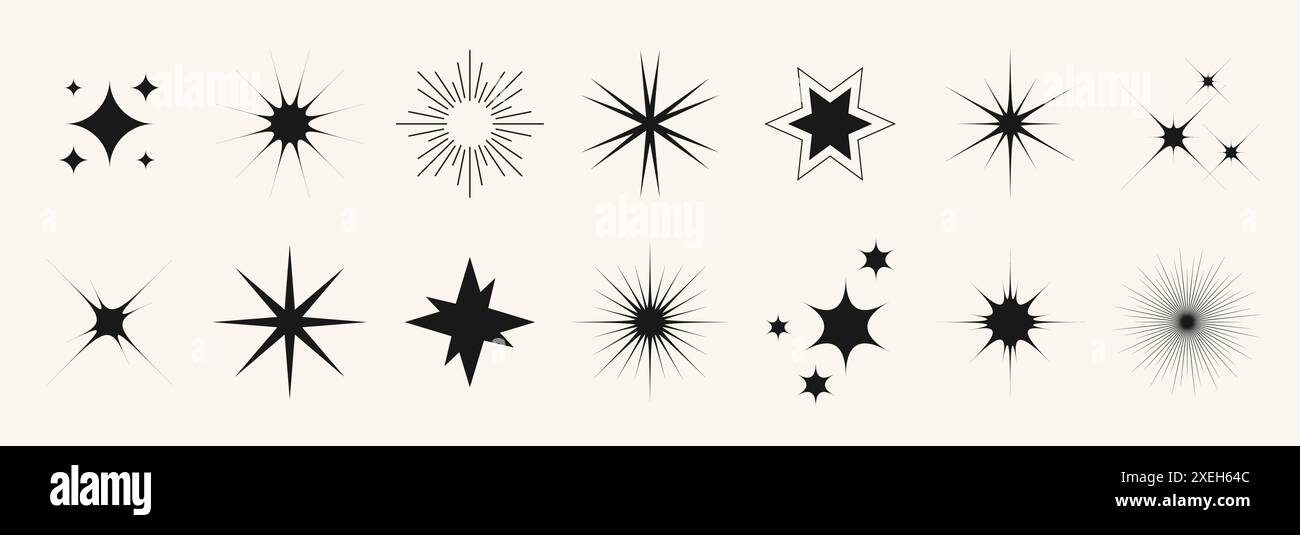 Blinking stars, sparks and sparkles set. Shining twinkle sunburst shapes collection. Magic light ...