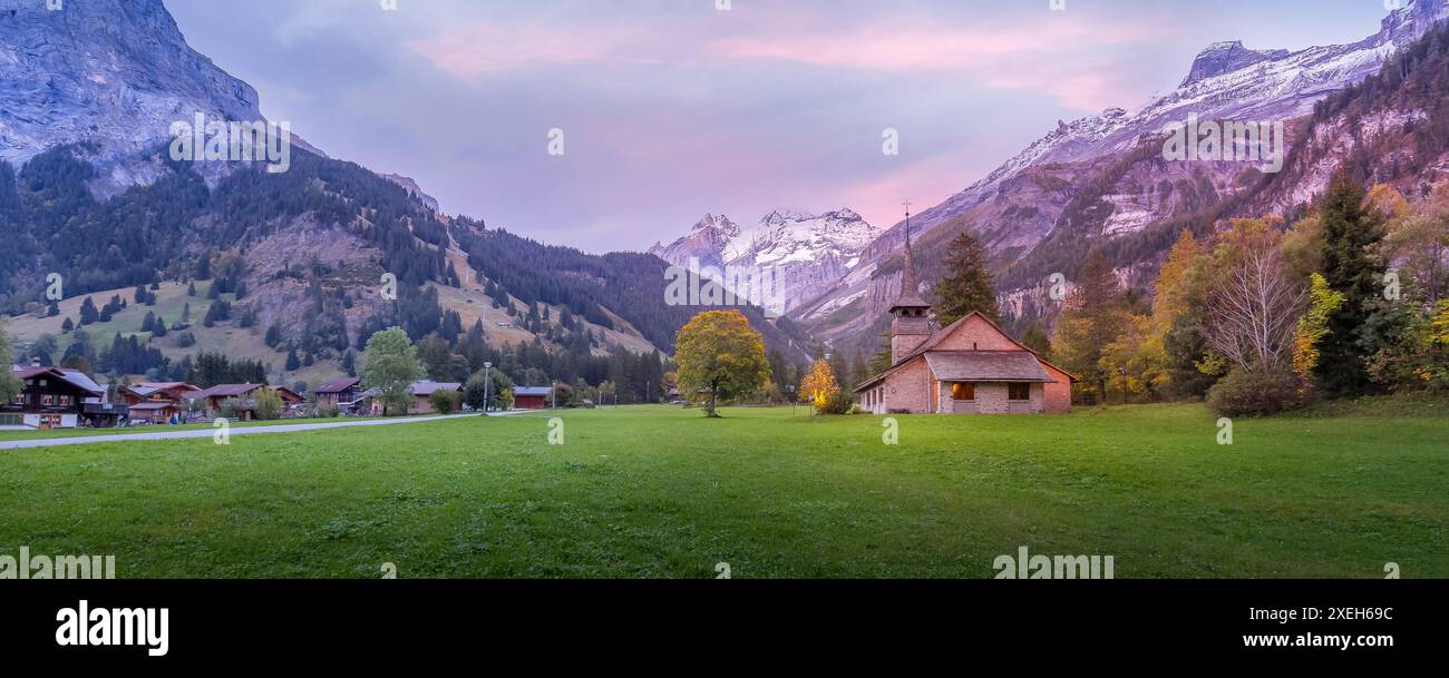 Kandersteg church, sunset mountains, Switzerland Stock Photo - Alamy