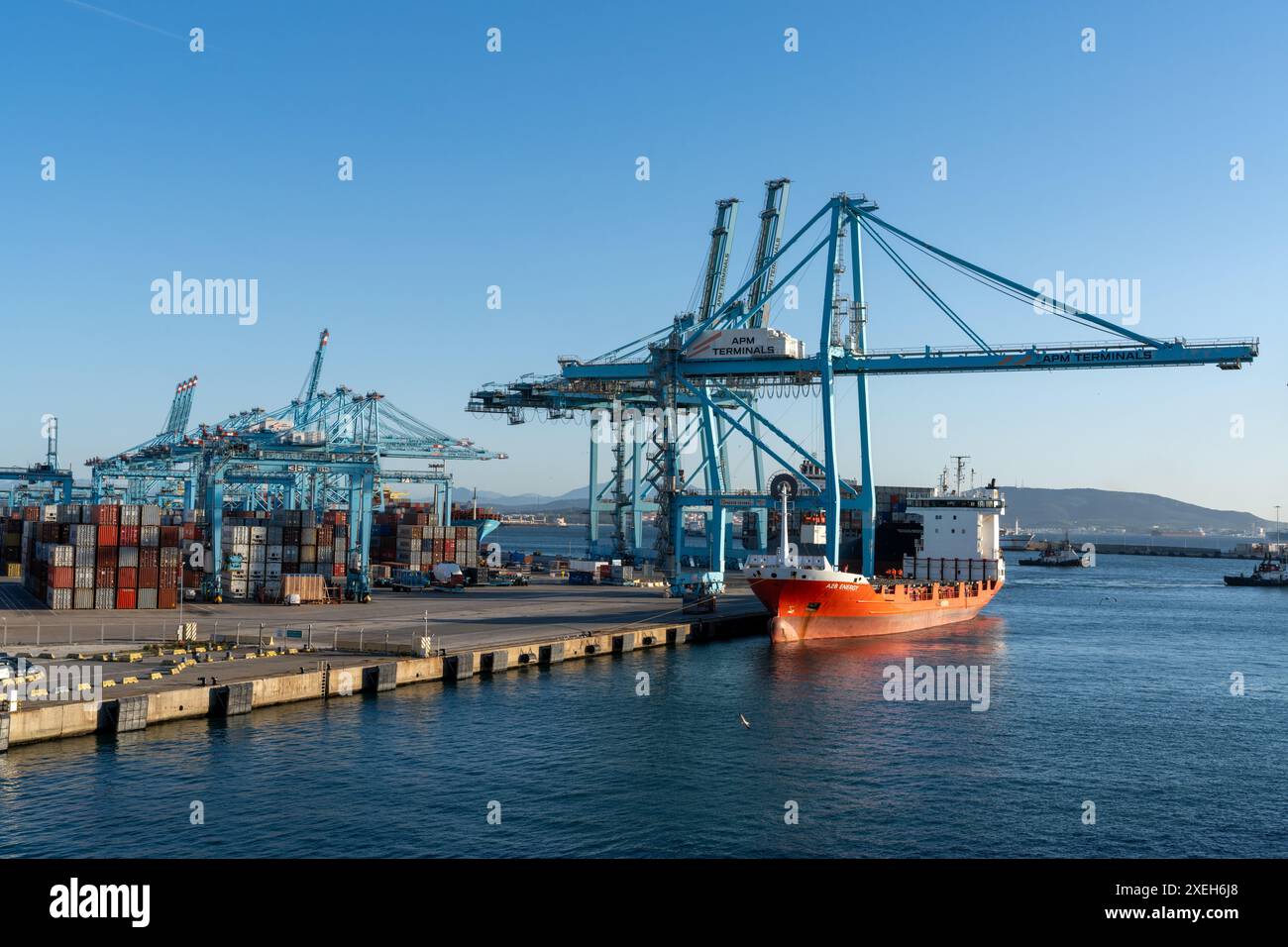 Container ship being loaded and unloaded in the industrial port of ...