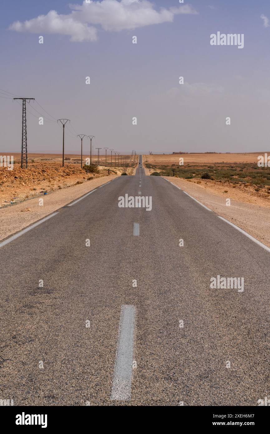 Endless desert highway and power lines leading through the rock and ...