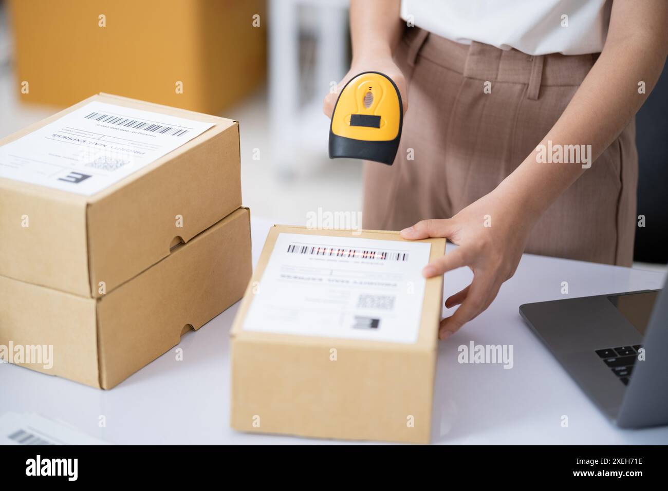 Young business online woman scanning package label with barcode reader ...